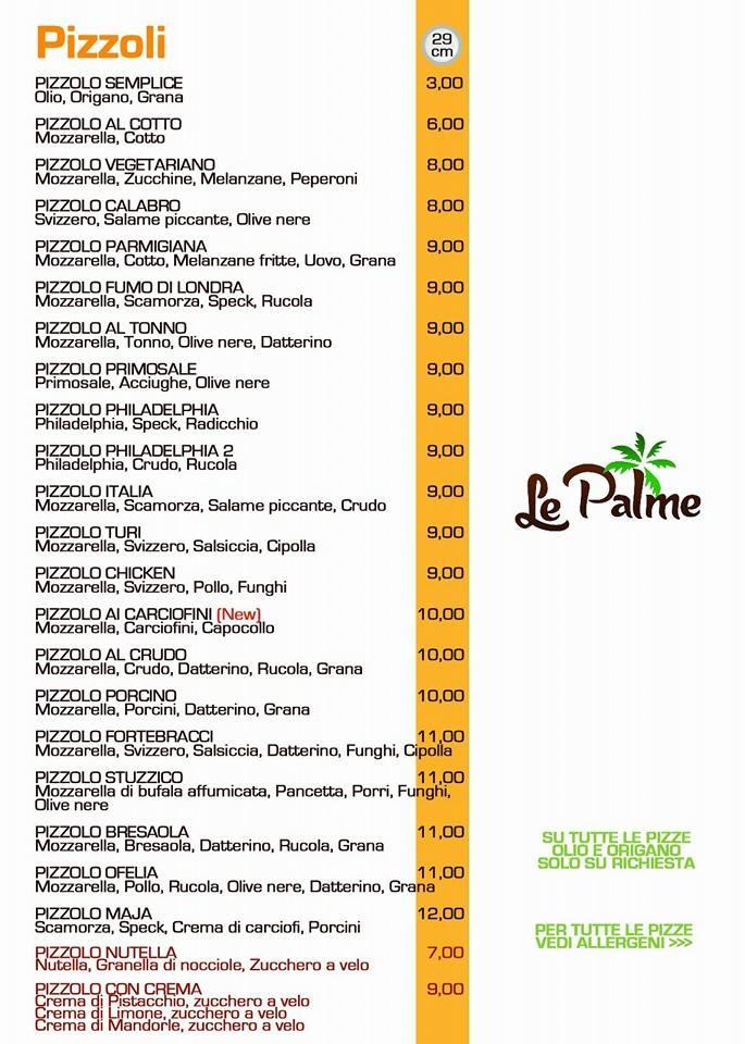 Menu at Pizzeria Le Palme, Carlentini