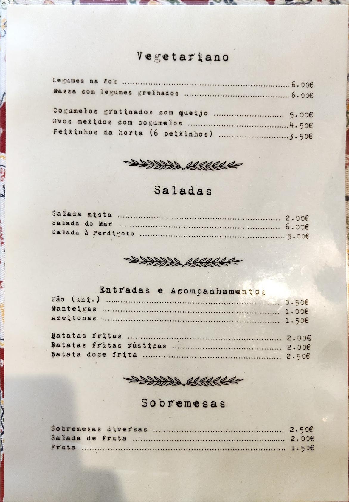 Menu em Tasca O Perdigoto restaurante, Tomar