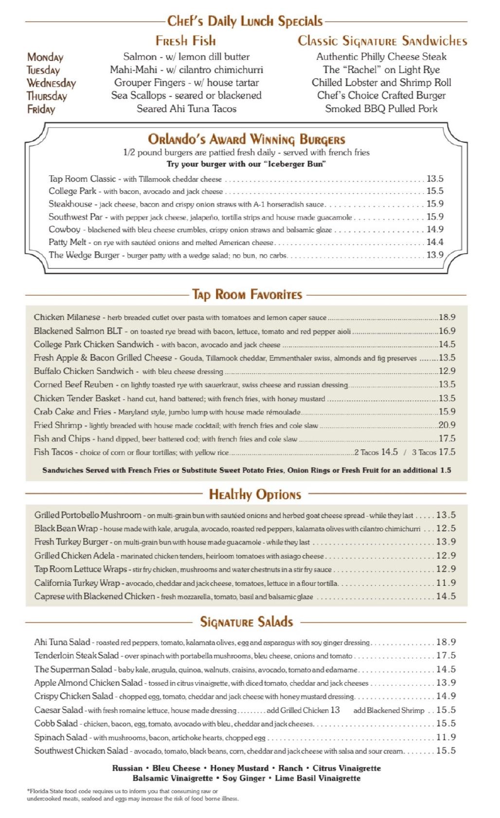 Menu at The Tap Room at Dubsdread restaurant, Orlando