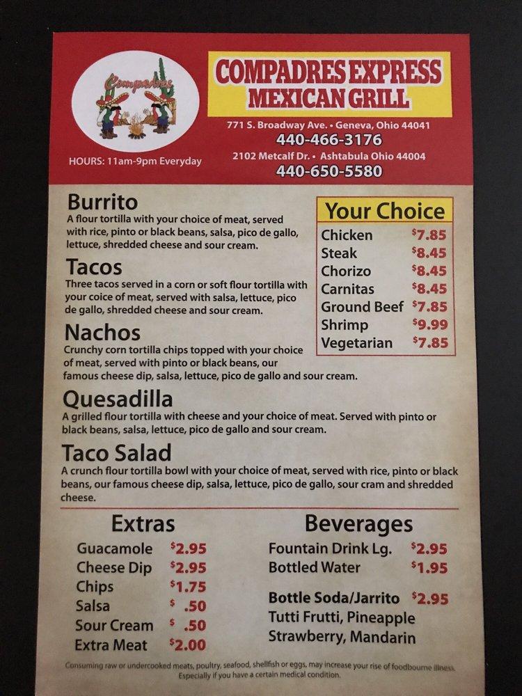 Menu at Compadres Express restaurant, Geneva