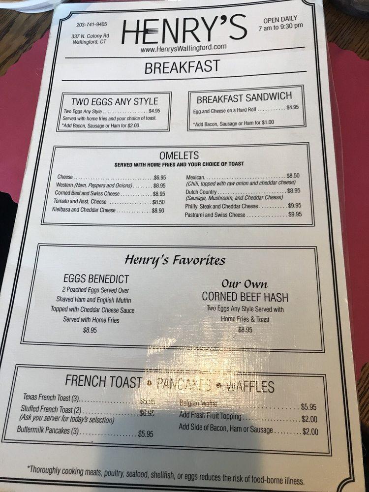 Menu at Henry's restaurant, Wallingford
