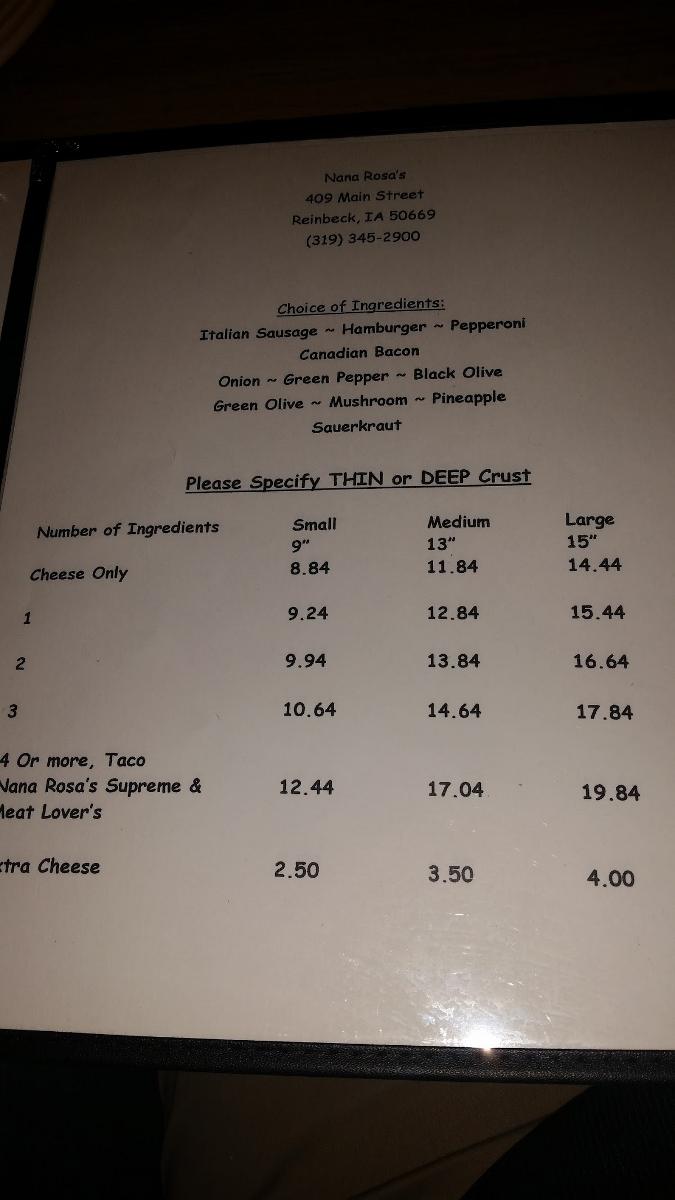 Menu at Nana Rosa's Pizza pizzeria, Reinbeck