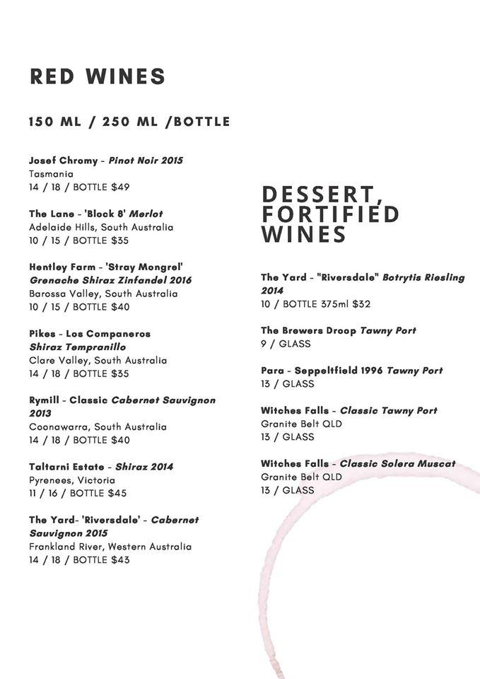 Menu at Our Place, Tenterfield