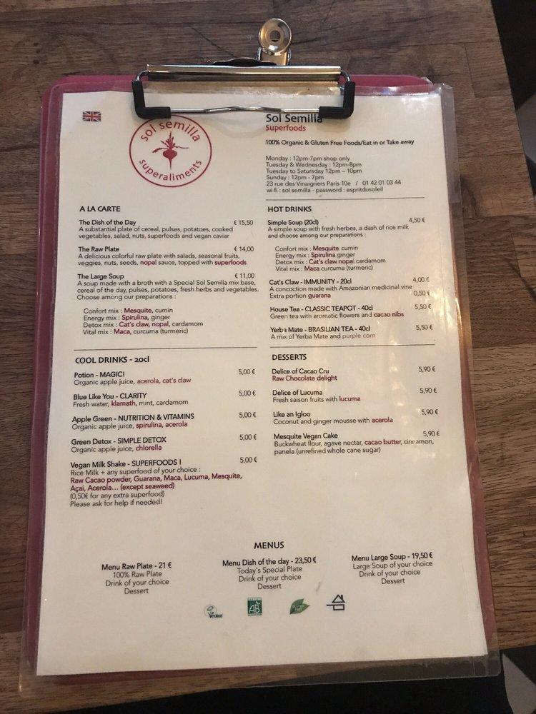 Menu at Sol Semilla restaurant, Paris