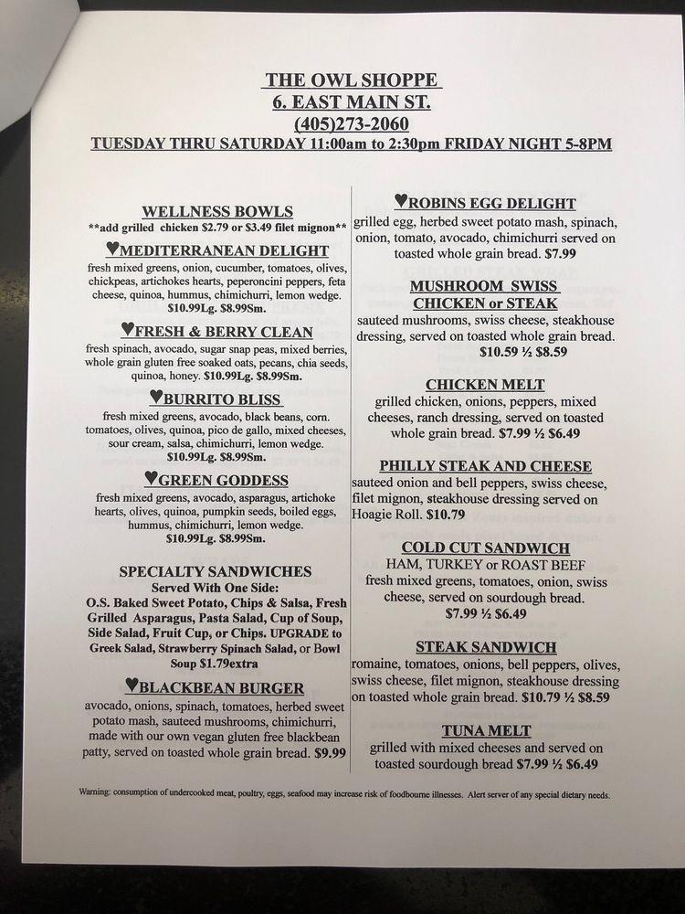 Menu at The Owl Shoppe restaurant, Shawnee