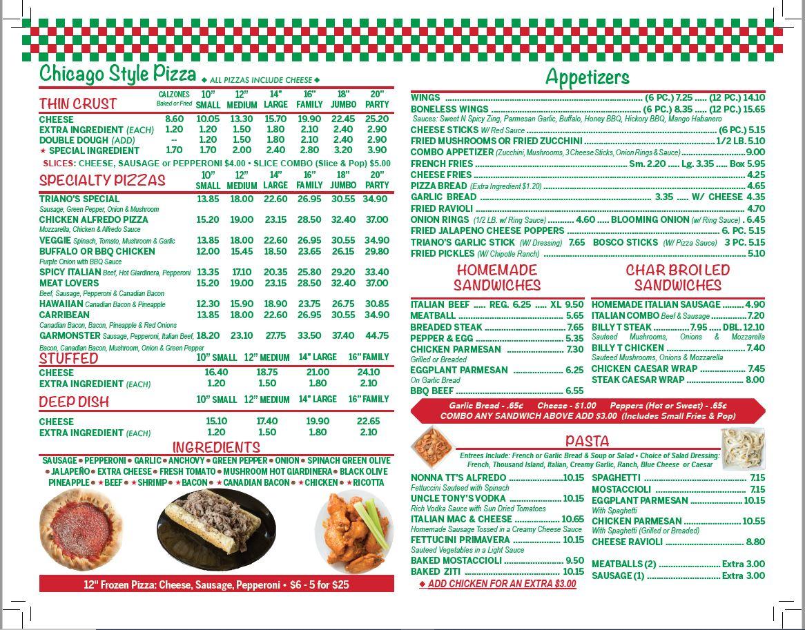 Menu at Triano's Pizza pizzeria, Chicago