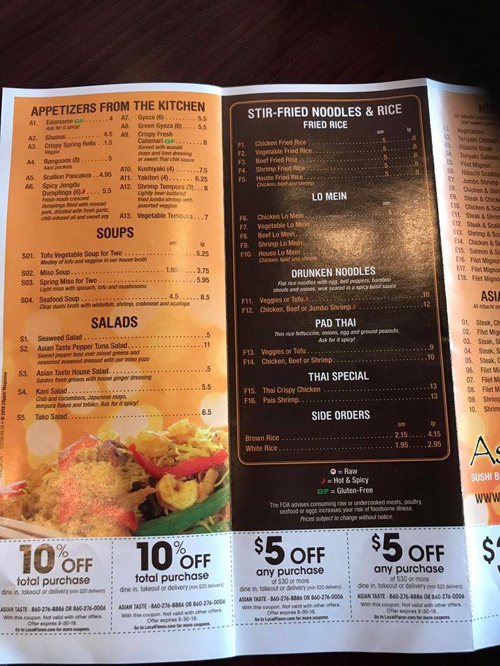 Menu at Asian Taste restaurant, Southington, 405 Queen St