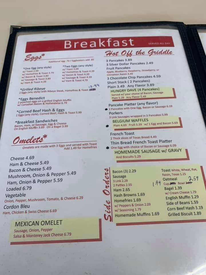 Menu at Dave's Diner restaurant, Gardiner