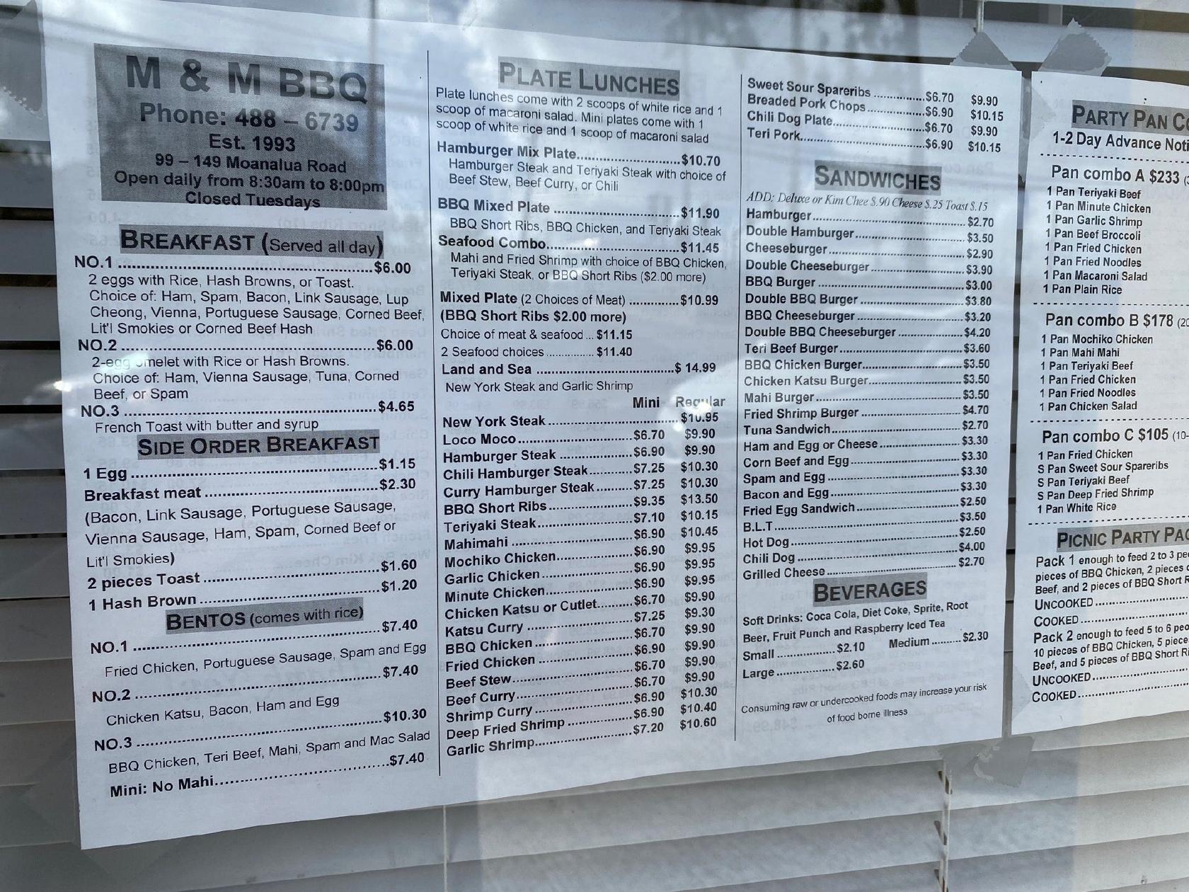 Menu at M & M BBQ, Aiea