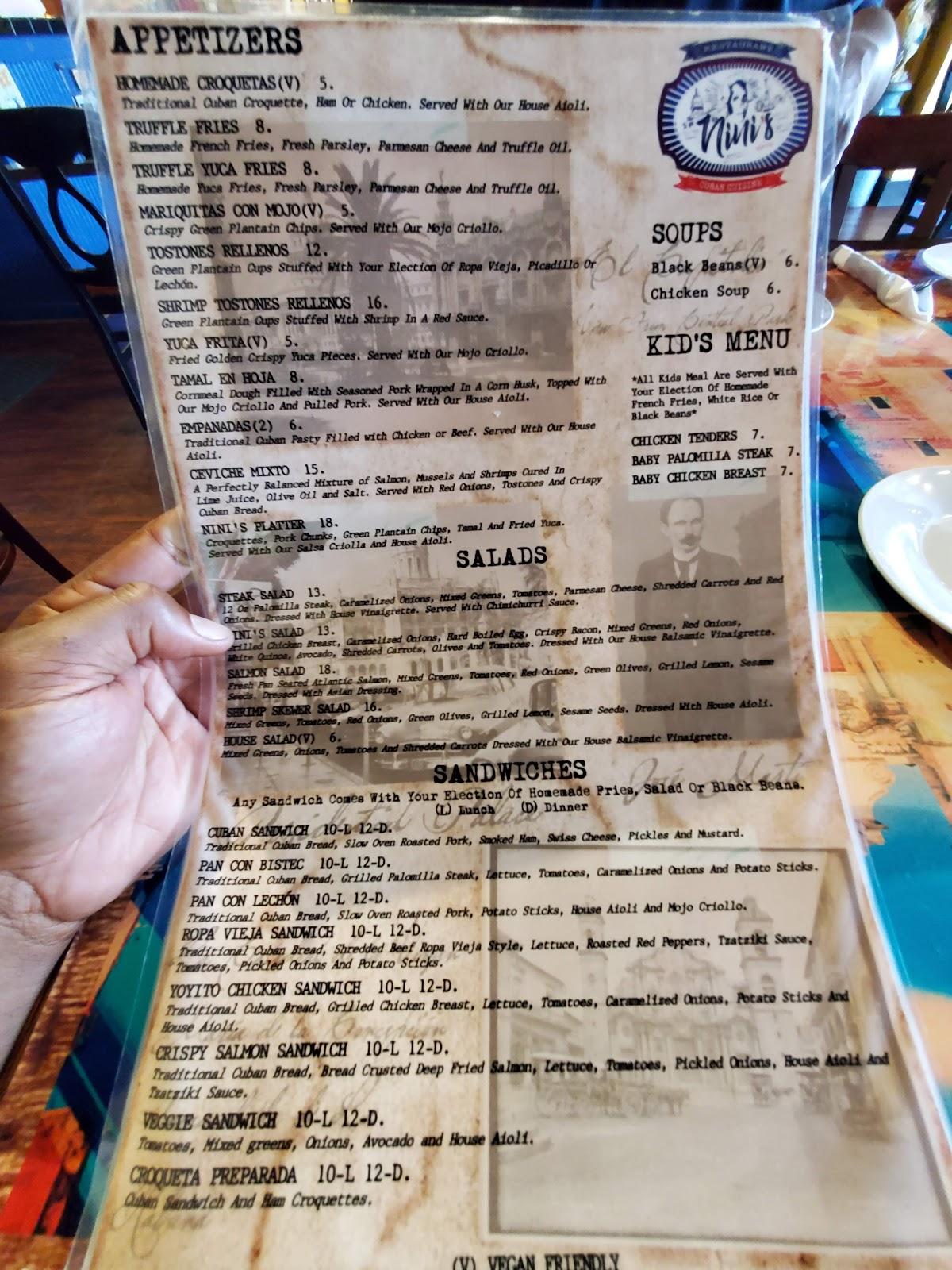 Menu at Nini's Cuban Cuisine restaurant, Indialantic