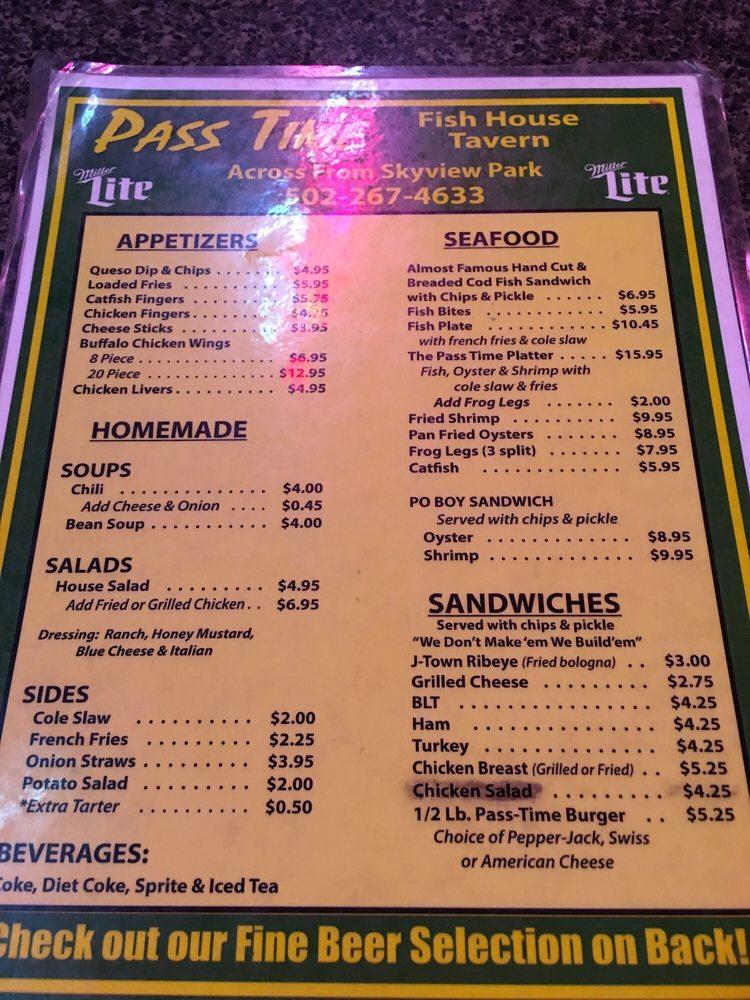 Menu at Passtime Fish House restaurant, Louisville