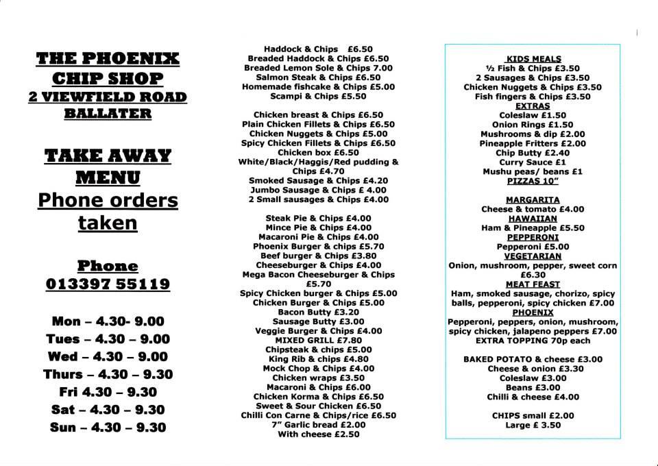 Menu at Phoenix Chip Shop fast food, Ballater