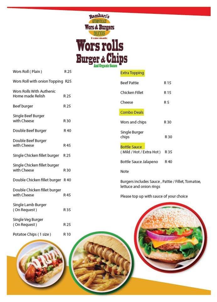 Menu at Ramhari's Wors & Burgers restaurant, Johannesburg