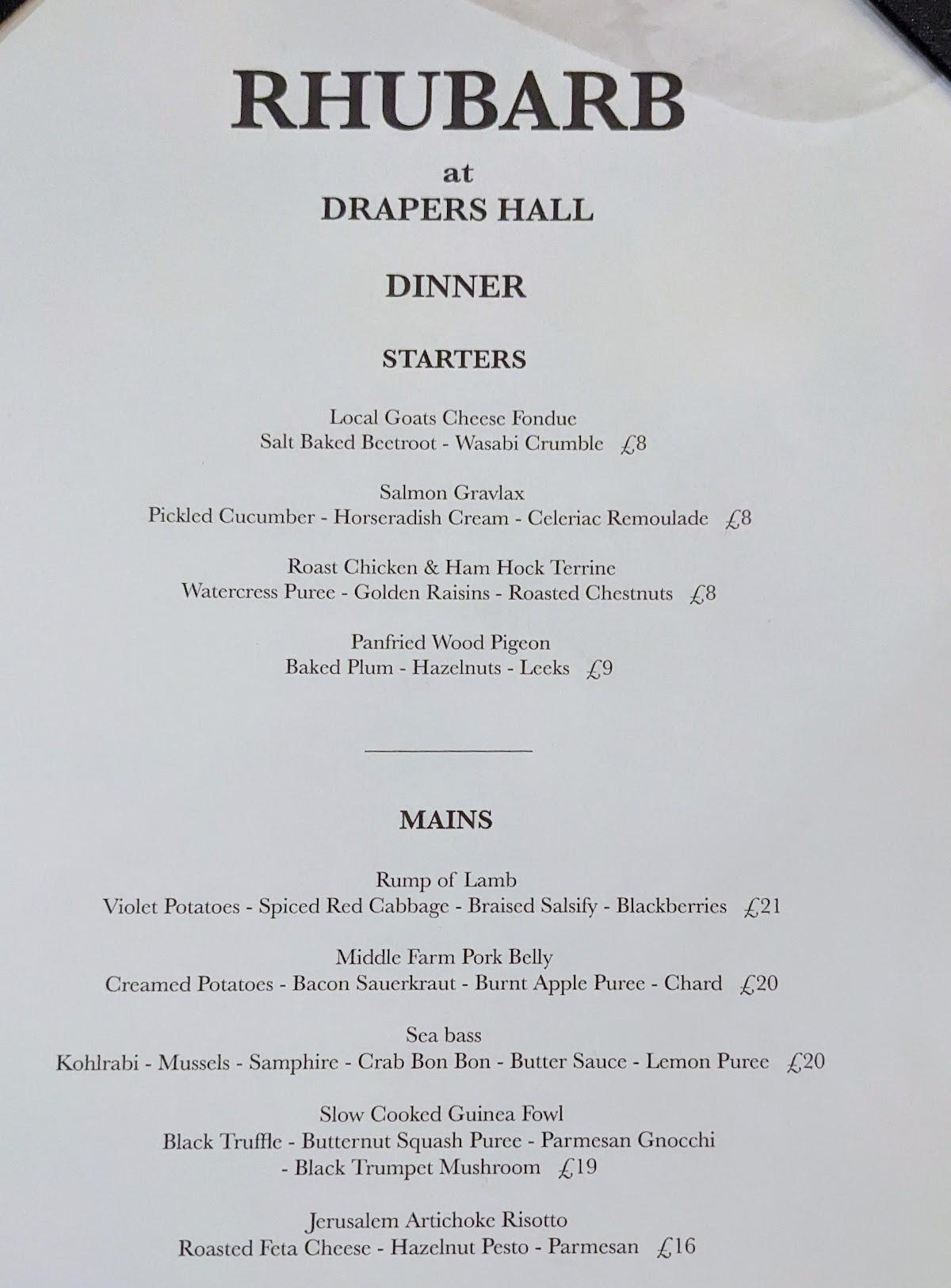 Menu at Rhubarb, Shrewsbury