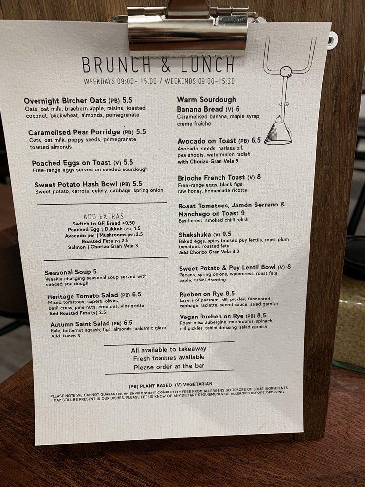 Menu at Saint Espresso restaurant, London, 20 Camden High St