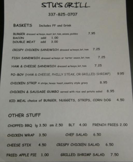 Menu at Stu's Grill restaurant, Merryville, 967 hwy