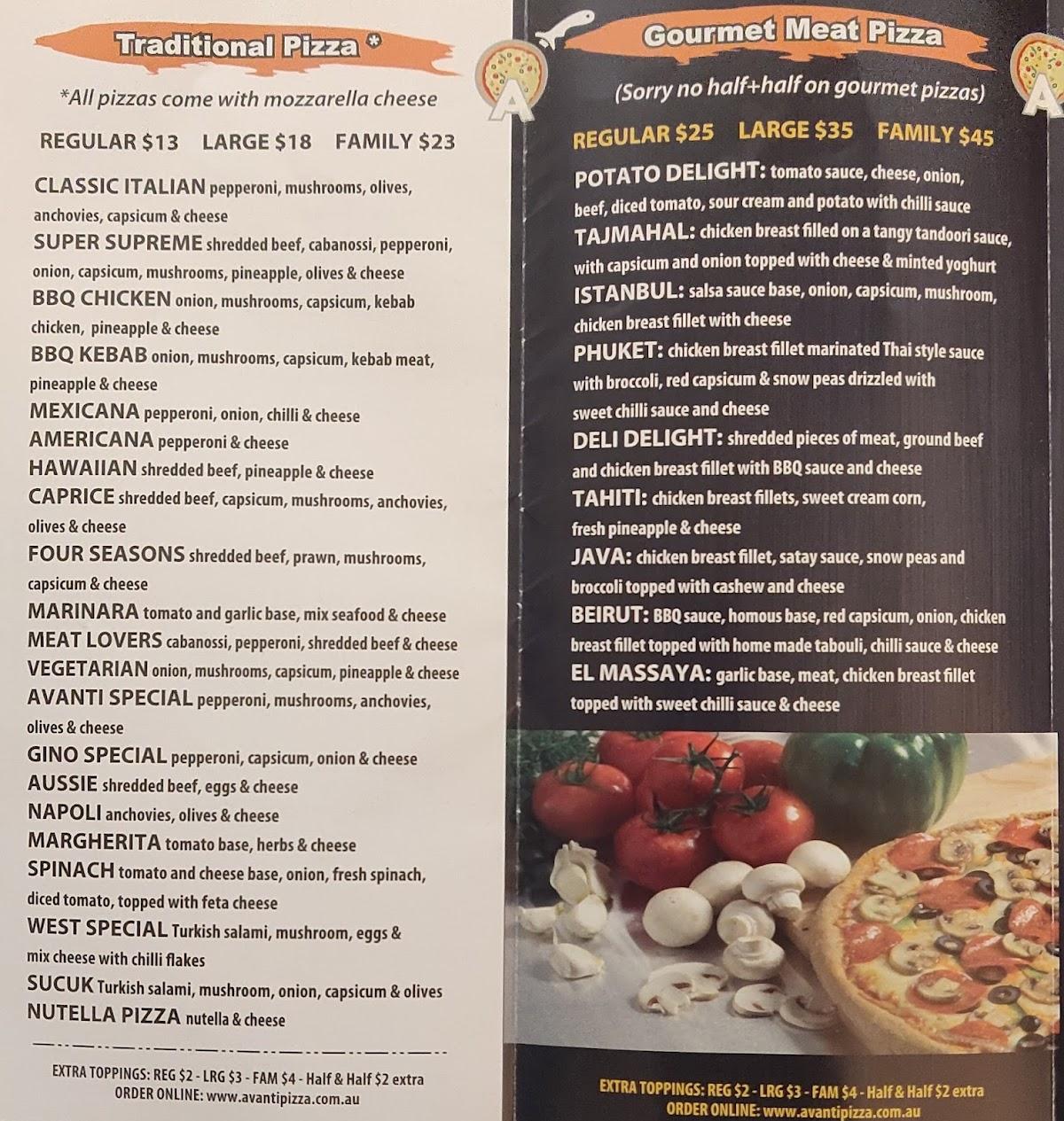 Carta de pizzería Avanti Pizza & Kebabs, Mount Druitt