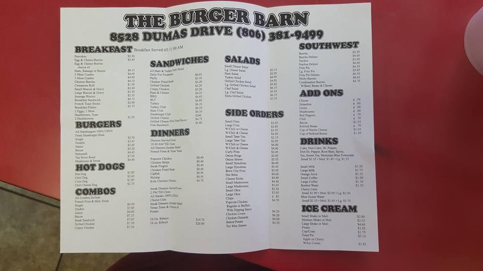 Menu at Burger Barn, Amarillo