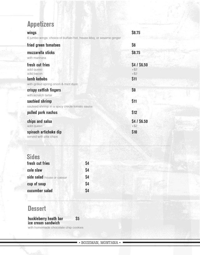 Menu at High Country Grill restaurant, Bozeman