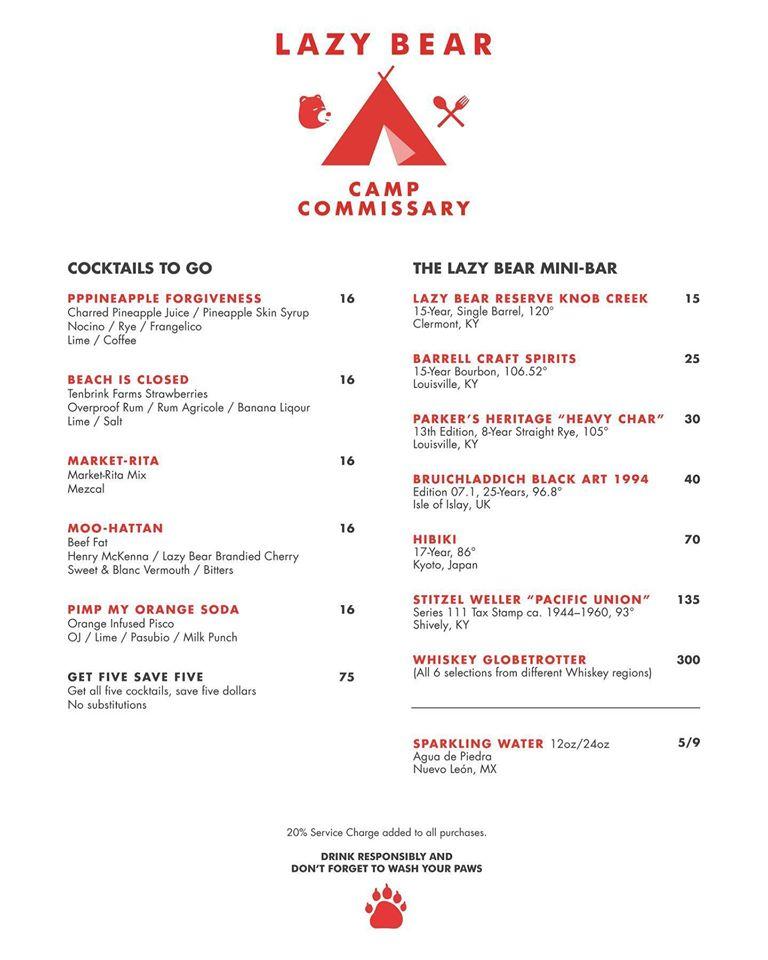 Menu at Lazy Bear restaurant, San Francisco