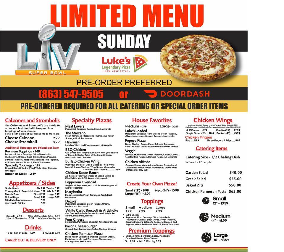 Menu at Luke's Legendary Pizza pizzeria, Davenport