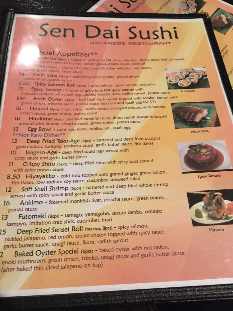 Menu at Sen Dai Sushi restaurant, Milpitas
