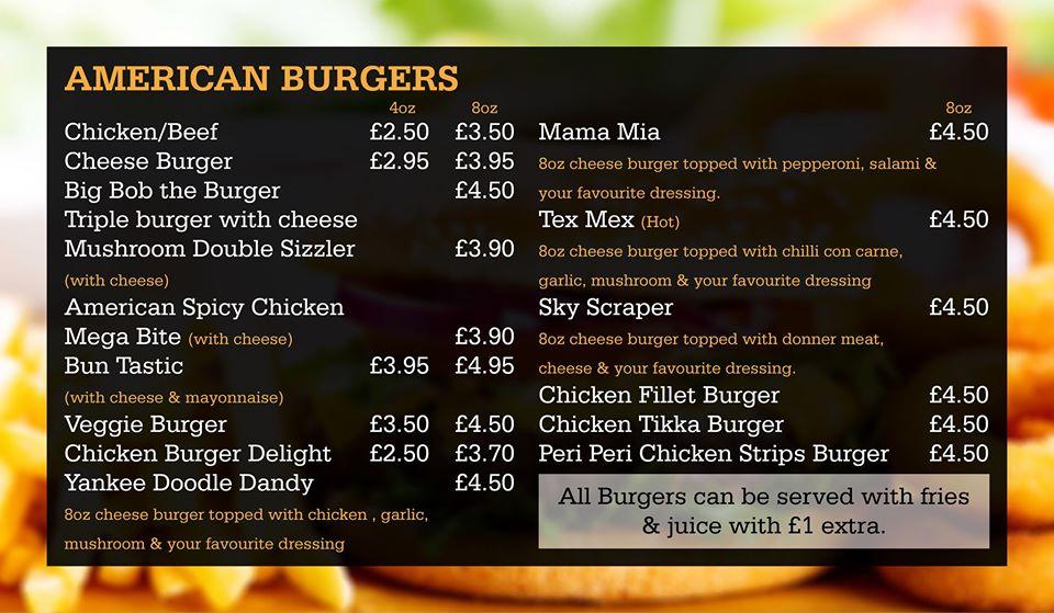 Menu at Spice of Life fast food, Stirling, 11 Bannockburn Rd