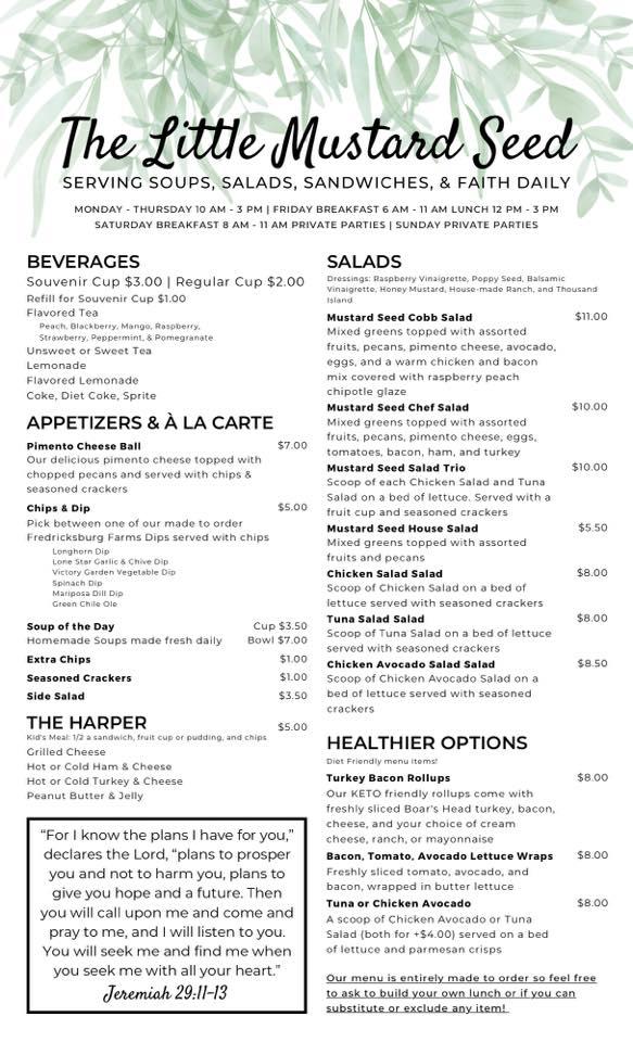 Menu at The Little Mustard Seed Tearoom restaurant, Mont Belvieu