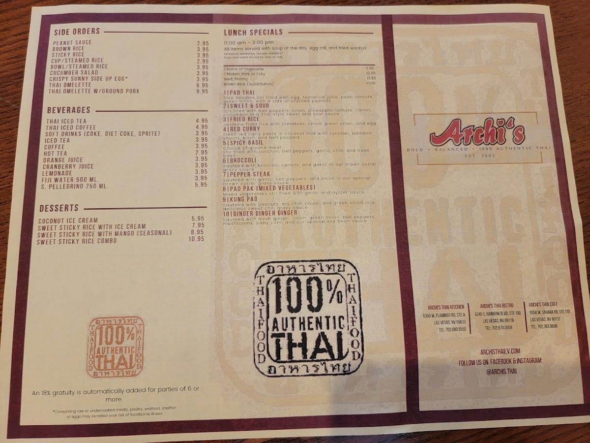 Menu at Archi’s Thai Kitchen restaurant, Las Vegas