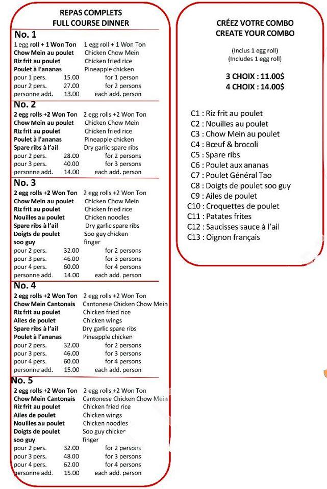 Menu au Buffet Ho King restaurant, Sept-Iles
