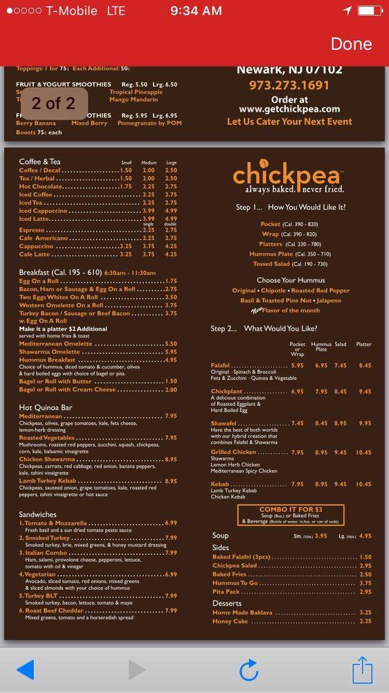 Menu at Chickpea / Red Mango restaurant, Newark, 1 Raymond Plz