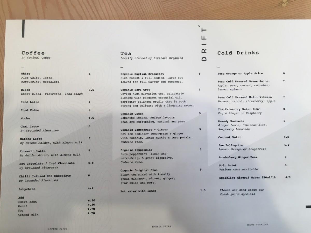 Menu at Drift @ Robe cafe, Robe