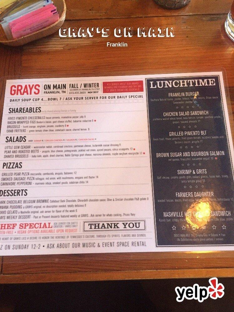Menu at GRAYS on Main pub & bar, Franklin, 332 Main St