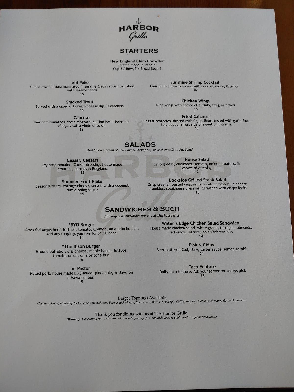 Menu at Harbor Grille pub & bar, Lakeside