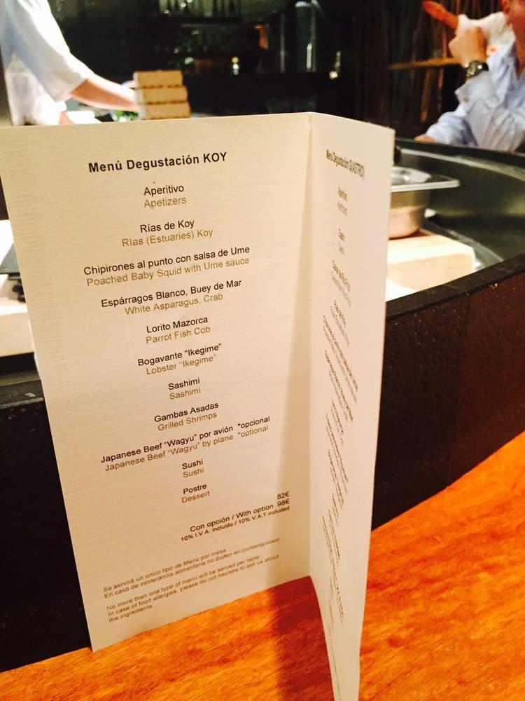 Menu at Koy Shunka restaurant, Barcelona