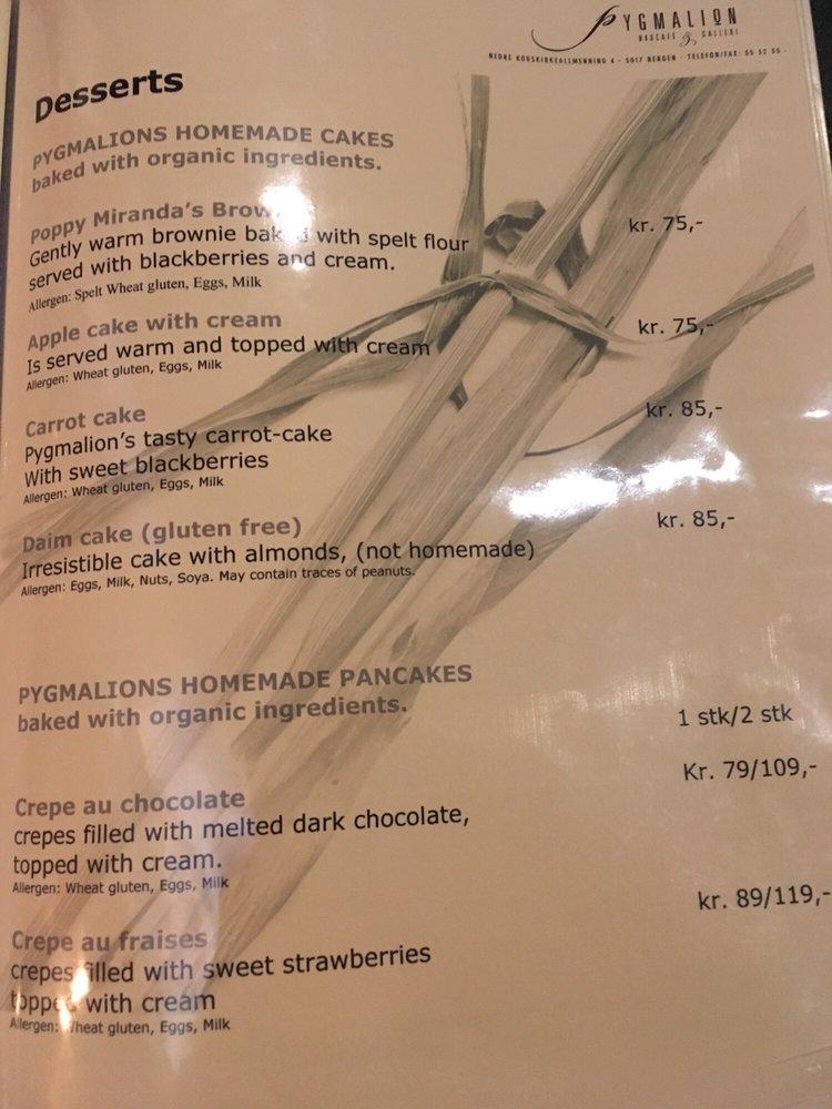Menu at Pygmalion cafe, Bergen