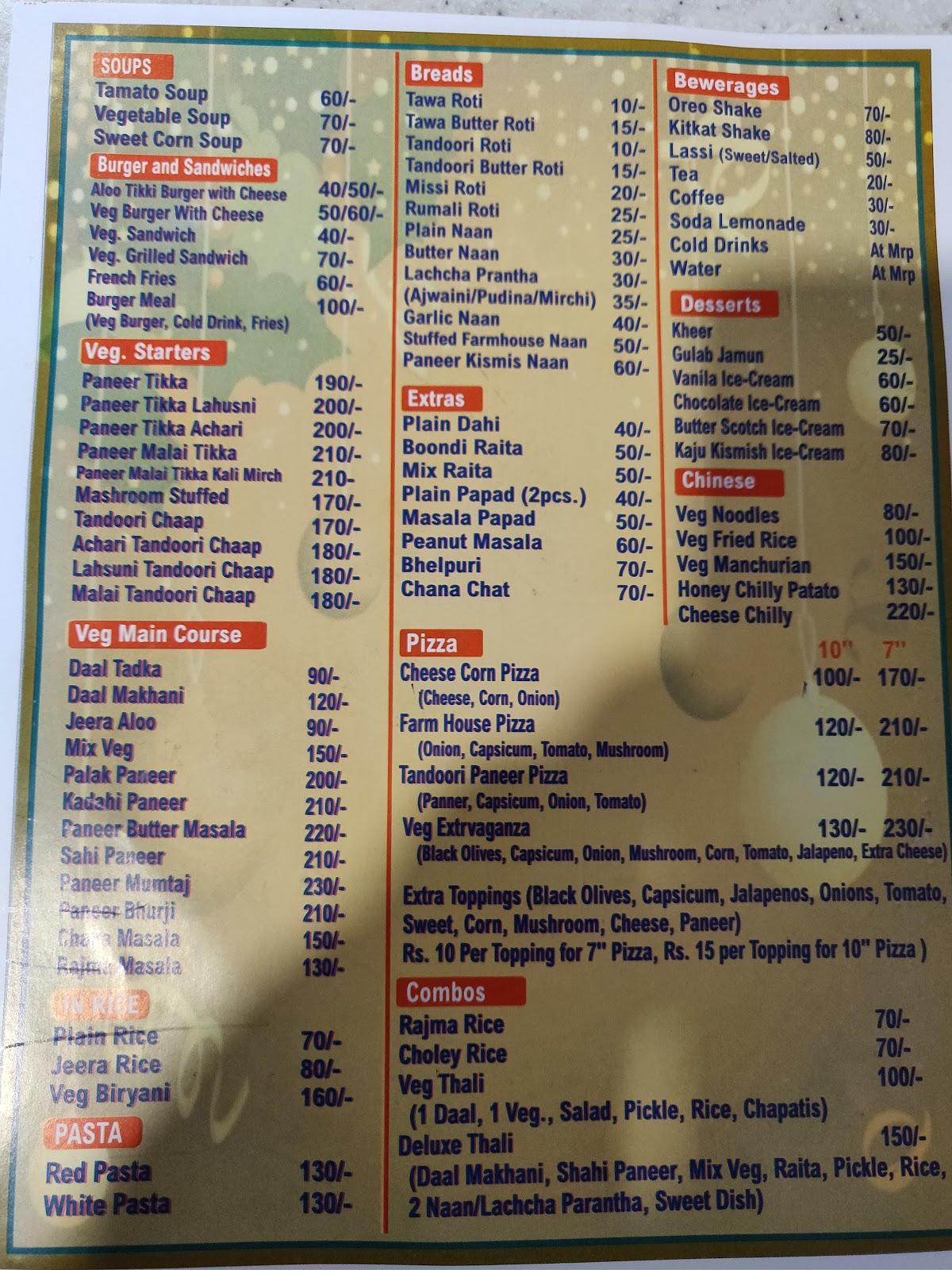 Menu at Quality Foods, Taraori