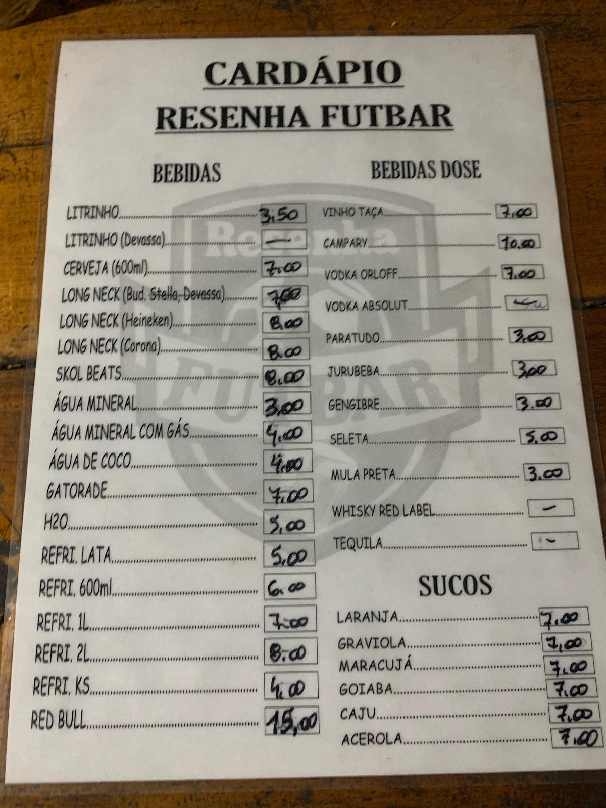 Menu at Resenha FutBar, Jaguaré