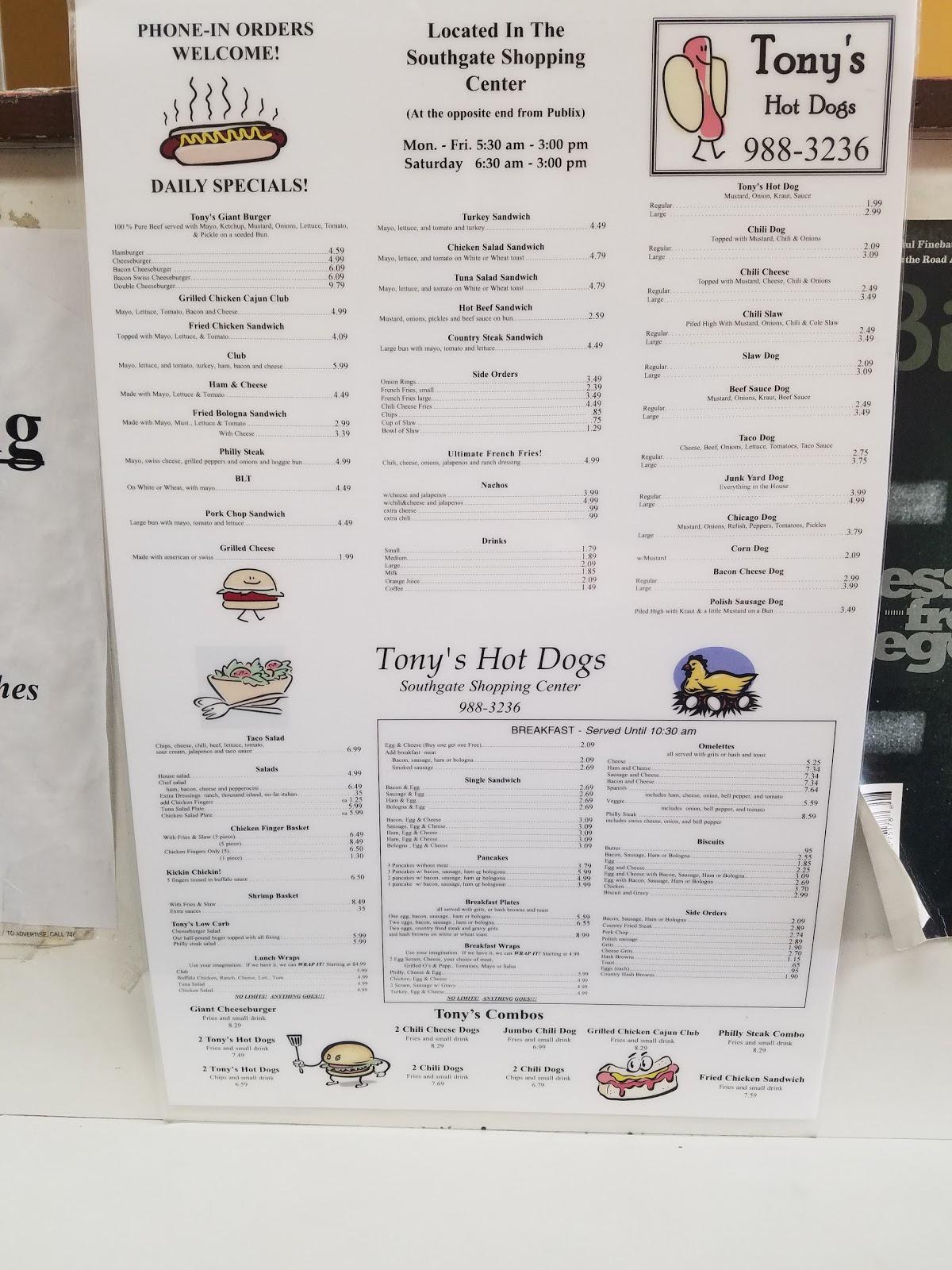 Menu at Tony's Hot Dogs restaurant, Birmingham
