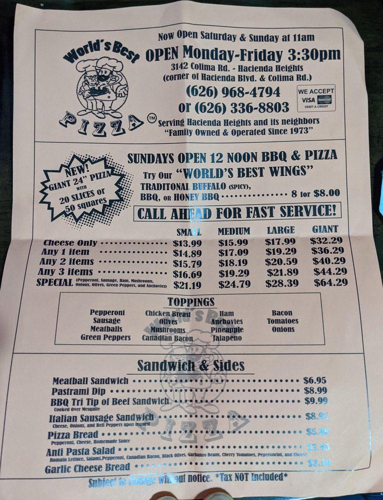Menu at World's Best Pizza pizzeria, Hacienda Heights