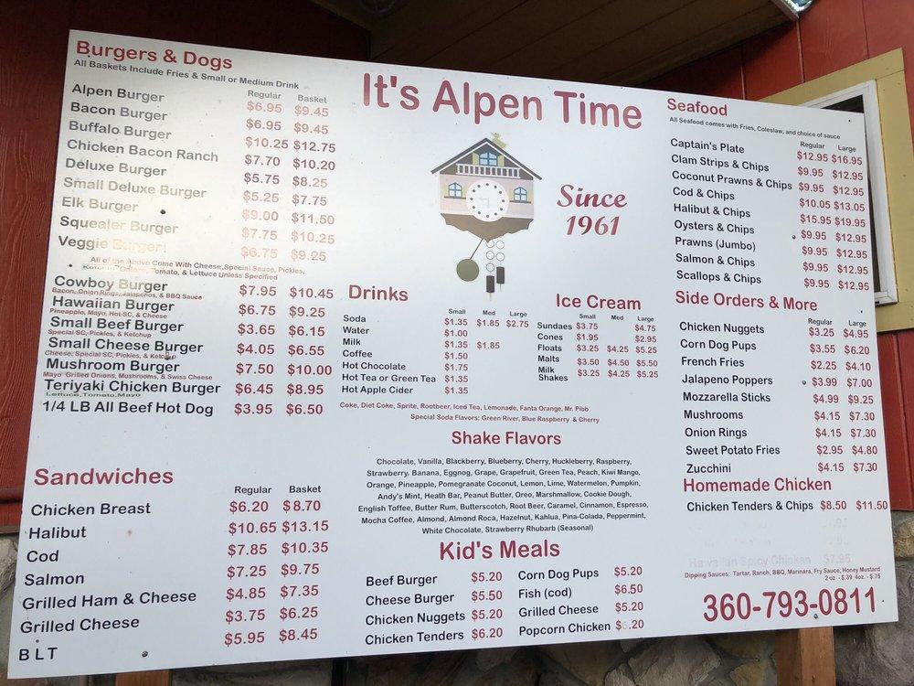 Menu at Alpen Drive-In restaurant, Sultan