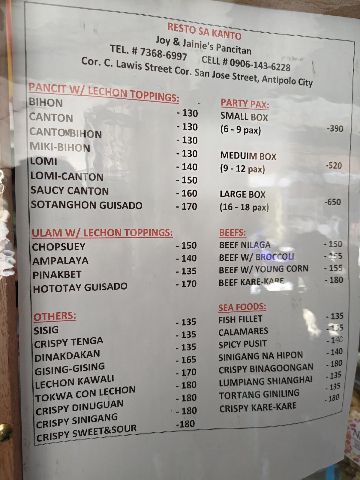 Menu at Resto Sa Kanto restaurant, Antipolo, 99 C. Lawis St. Cor. San ...