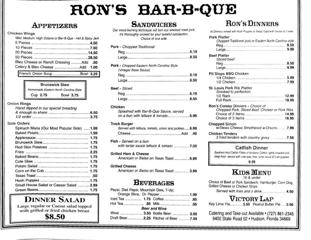 Menu at Ron's Bar-B-Que, Hudson