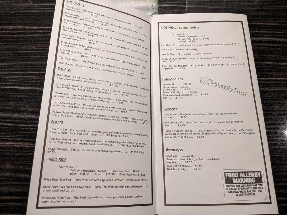 Menu at Simply Thai restaurant, Keller