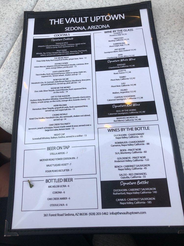 Menu at The Vault Uptown restaurant, Sedona