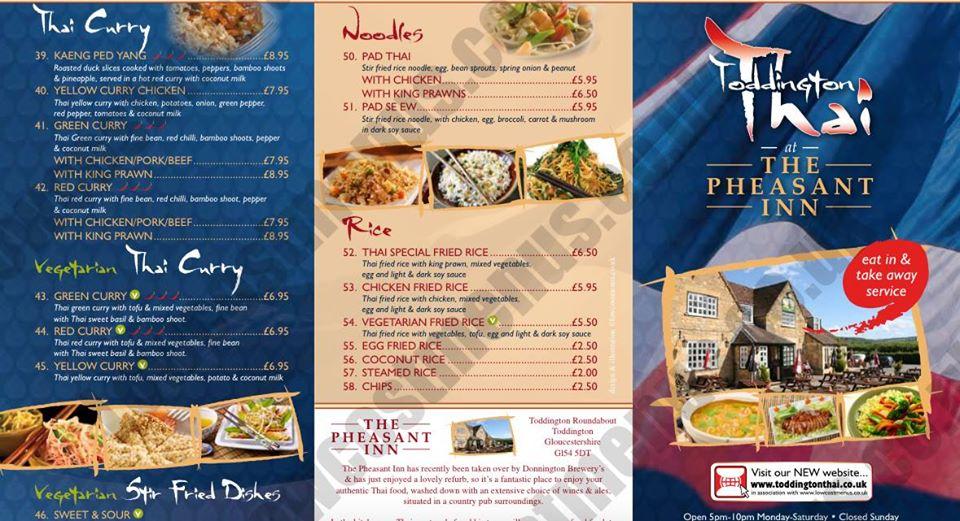 Menu at Toddington Thai restaurant, Toddington