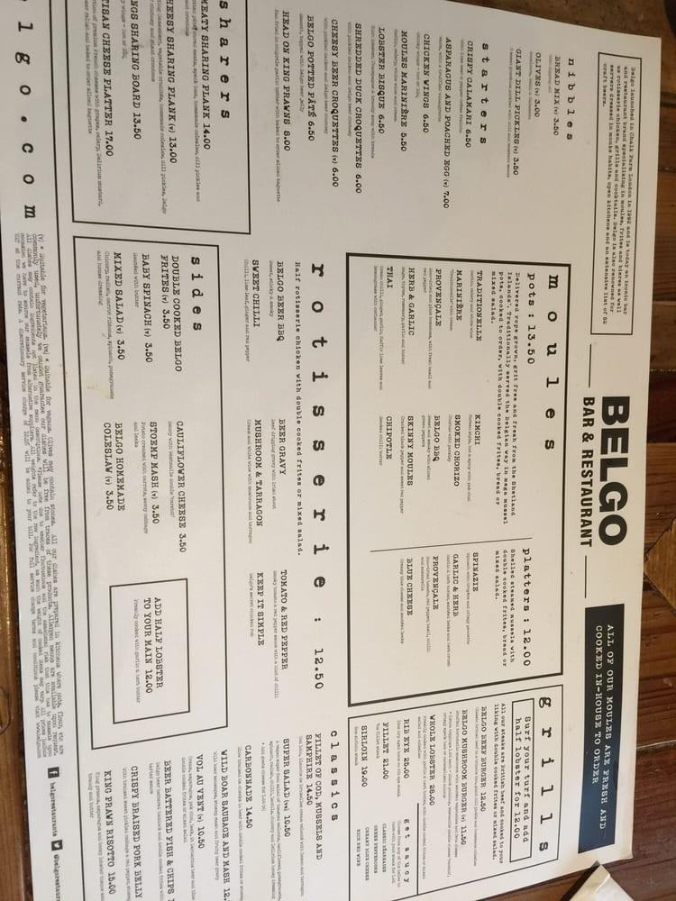Menu at Belgo restaurant, London, 29-31 Old Compton Street
