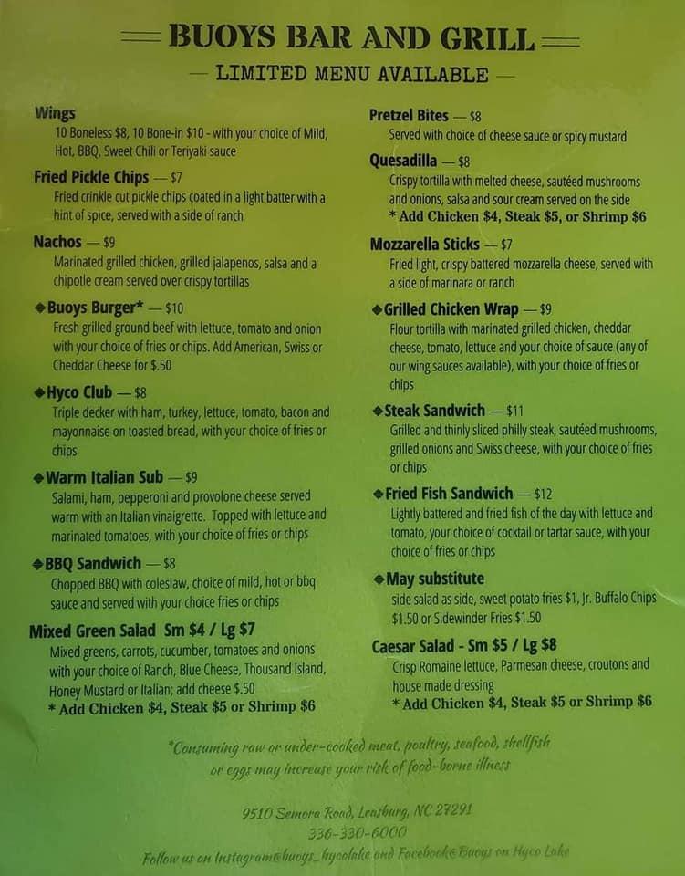 Menu at Buoy's Bar & Grill, Semora