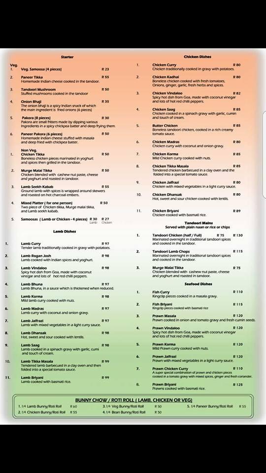 Menu at Curry Place restaurant, Johannesburg, Shop 14. Randpark Ridge ...