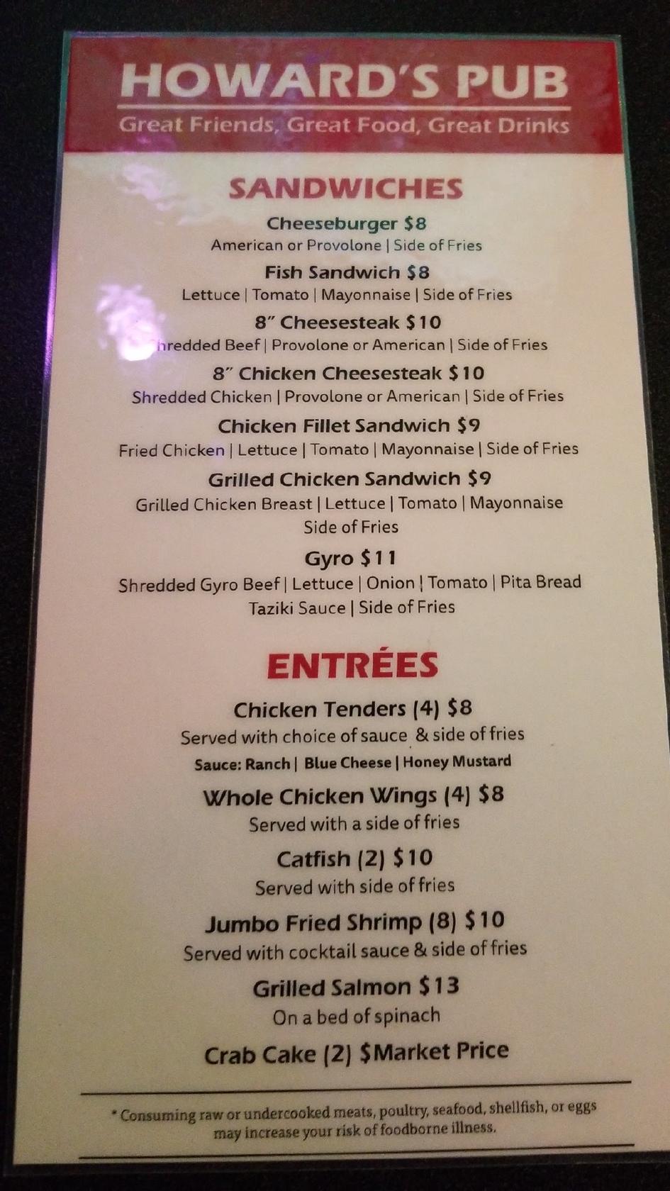 Menu at Howard's Pub, Dundalk